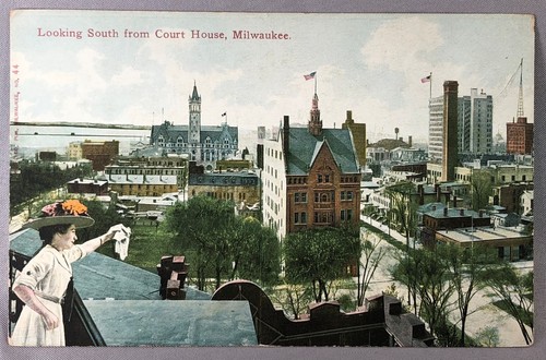 c 1915 MILWAUKEE Wisconsin LADY Big HAT Waving Street Scene Postcard ...