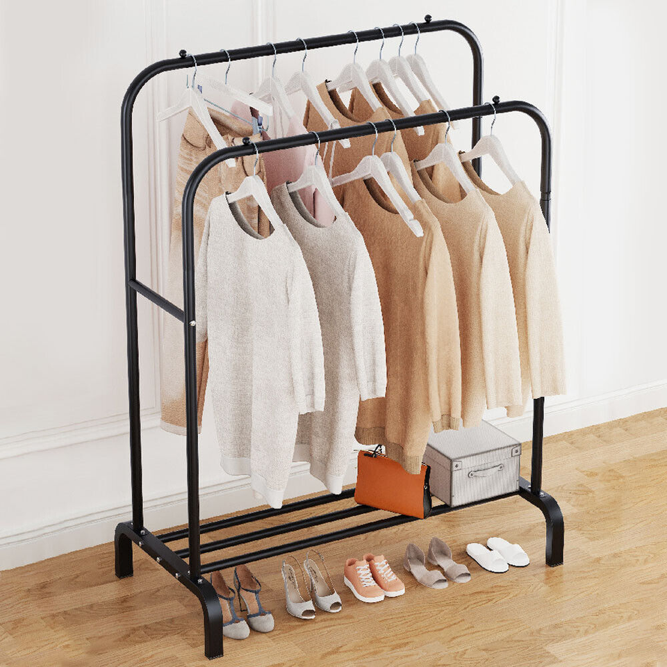 Heavy Duty Double Clothes Rail Hanging Rack Garment Display Stand Shoes ...