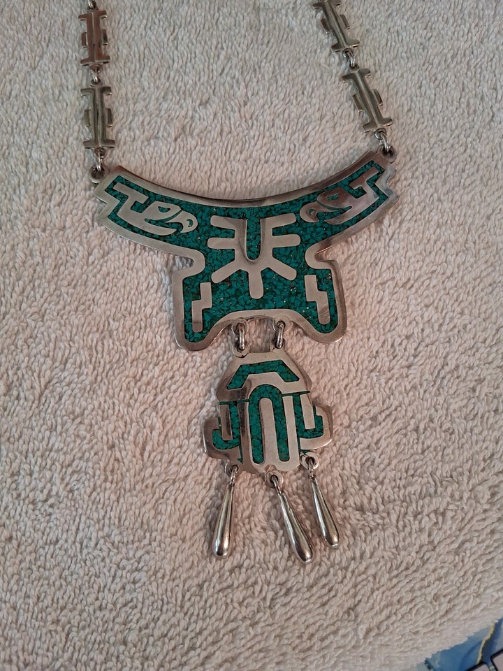 Vintage Sterling Turquoise Chip Bib Inlay Necklace TF-35 Mexico 74Grams ...