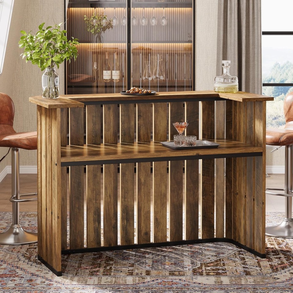 Home Liquor Bar Table, 2-Tier Farmhouse Mini Bar Table for Home Pub ...