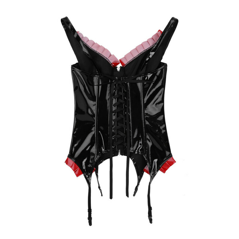 Women Sexy Wet Look Faux Leather Corset Garter Belt Bustier Top Basque ...