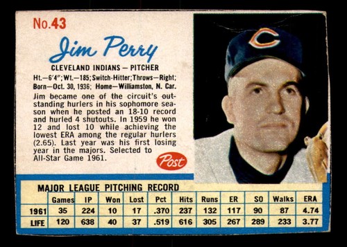 1962 Post Cereal #43 Jim Perry Very Good Indians ID:342584 | eBay