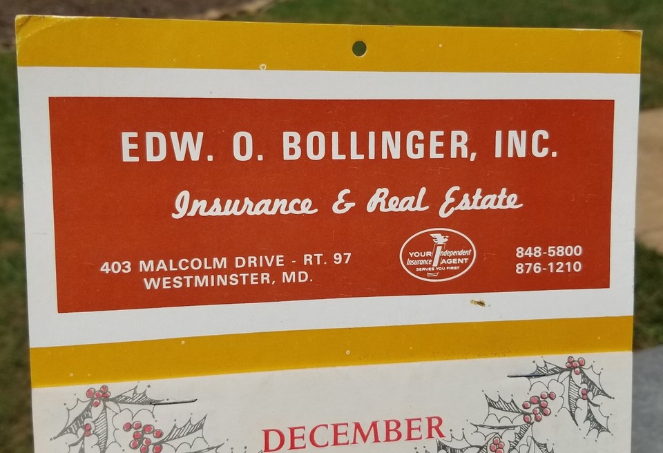 CALENDAR~1979~ADVERTISING~WESTMINSTER, MD~MARYLAND~BOLLINGER INSURANCE ...