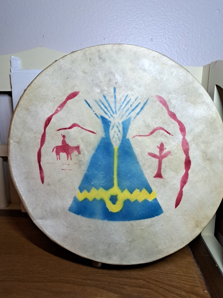Vtg 70s Native American Souvenir Drum Rawhide Skin 12" Round Indian ...