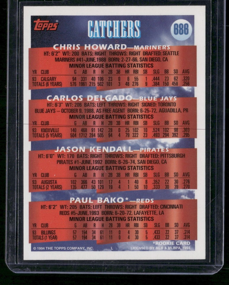 Chris Howard / Carlos Delgado / Jason Kendall Rookie RC 1994 Topps #686 ...