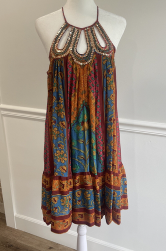 Women M Silk Gypsy Dress Sequin Multi Color Global Travel Halter ...