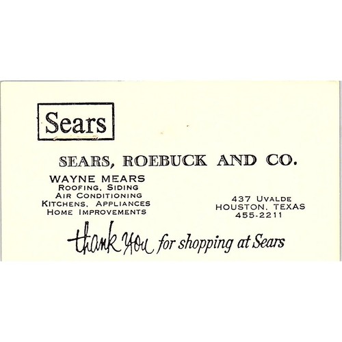 Sears Roebuck and Co Wayne Mears Houston TX Vintage Business Card SB4 ...