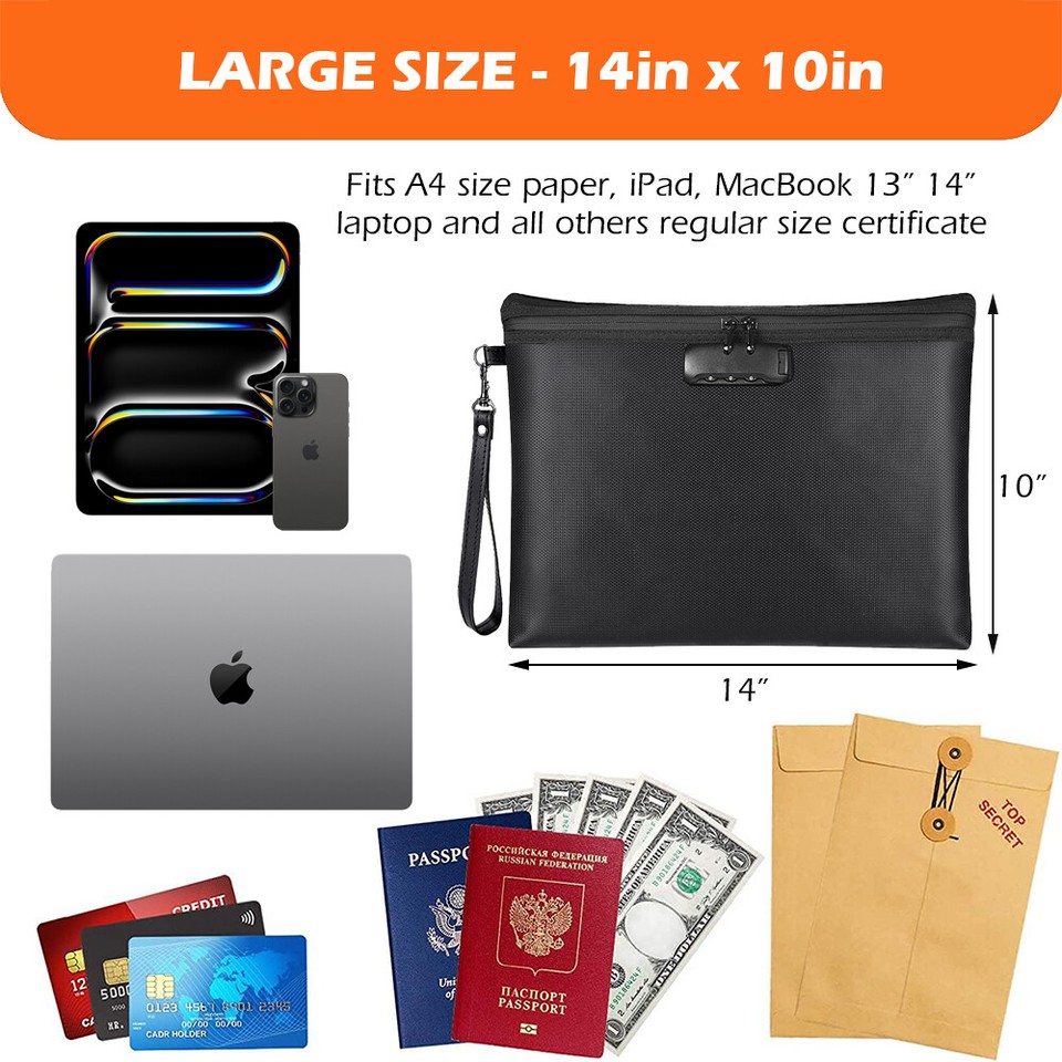 Large FireProof Document Bag with Lock Waterproof A4 Heat Insulated ...