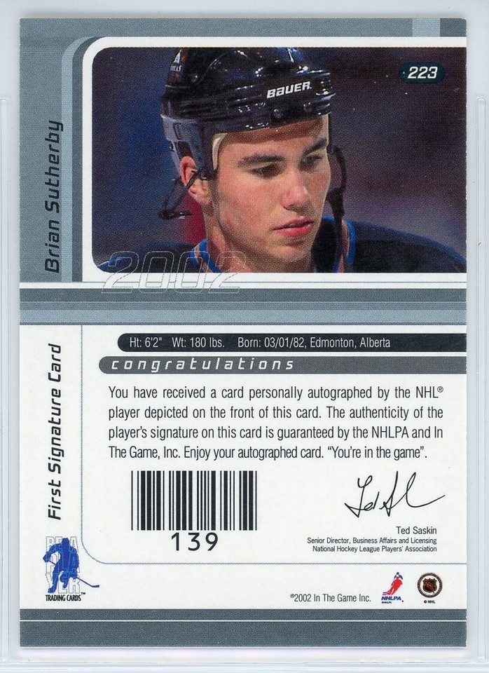 2002 Be A Player Gold BRIAN SUTHERBY Signature Series on-card autograph ...
