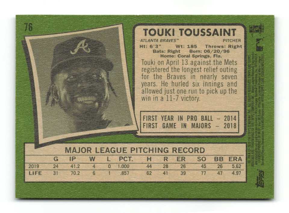 2020 Topps Heritage Touki Toussaint #76 Atlanta Braves Baseball Card | eBay