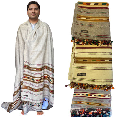Handwoven Wool Afghan Pashtun Traditional Shepherd Shawl Bumble Tassels ...