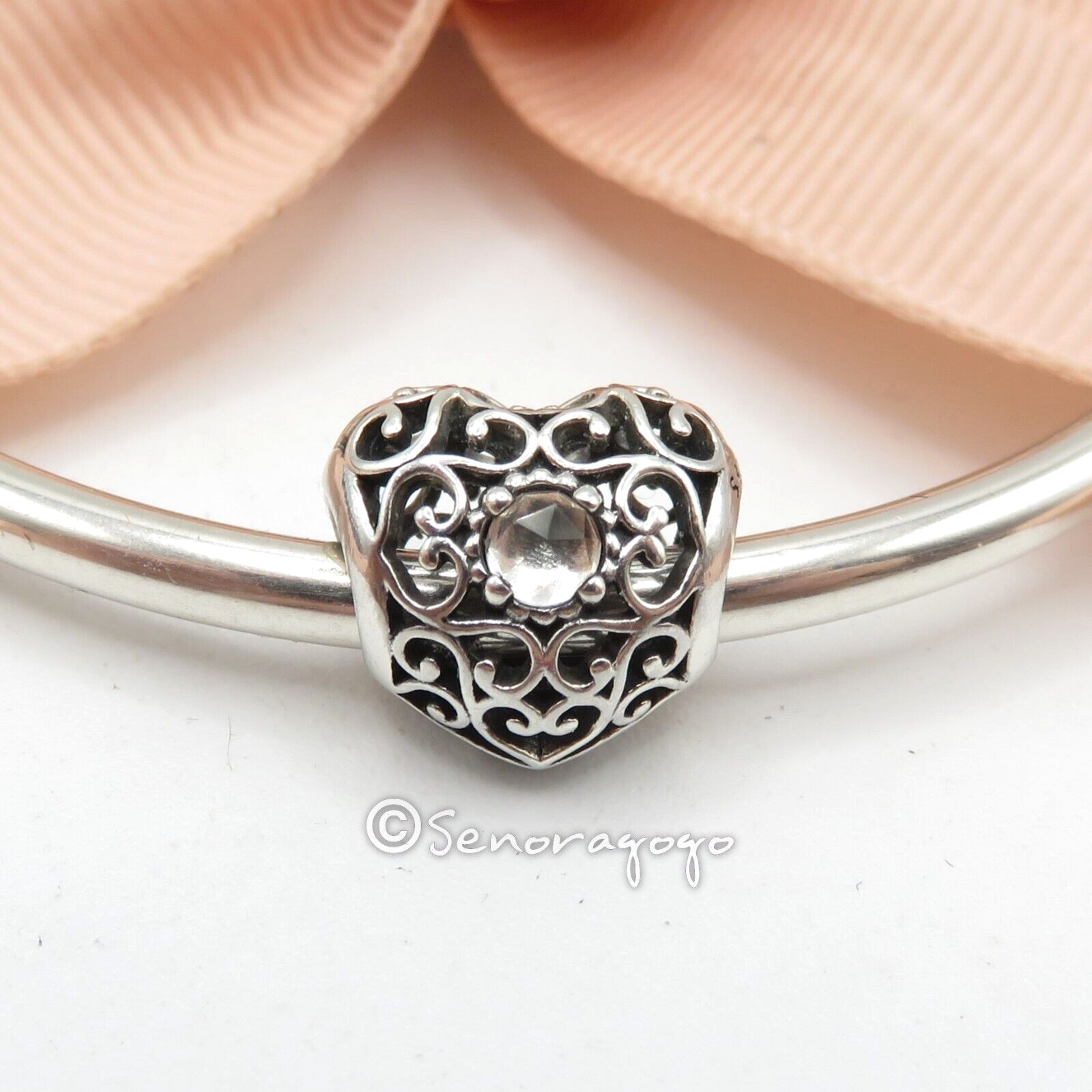 Genuine PANDORA April Signature Heart Rock Crystal Bi… - Gem