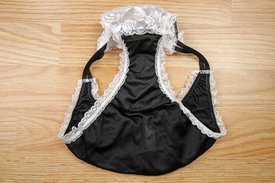 VINTAGE JAPANESE NYLON SHINY SLIPPERY PRETTY CUTE BLACK FRILL STRING ...