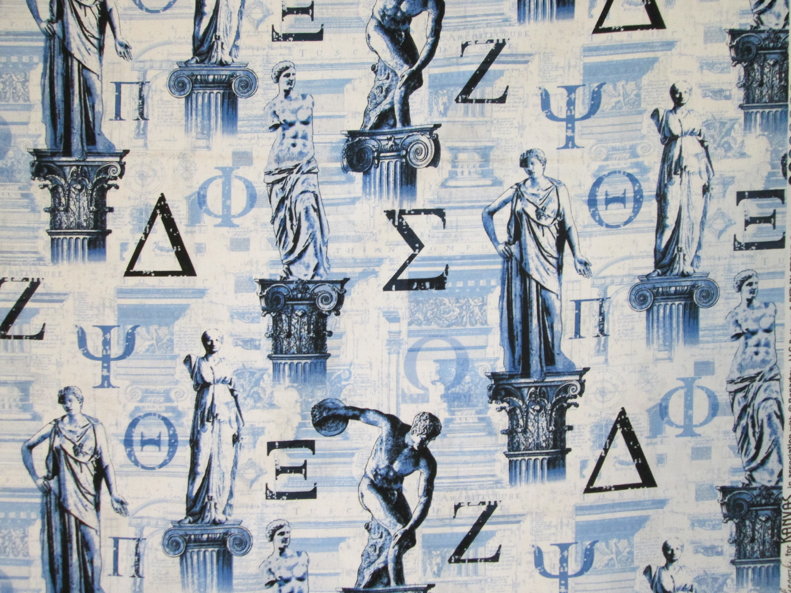 GREEK STATUES SCRIBE WRITING LETTERS BLUE COLORS COTTON FABRIC BTHY | eBay