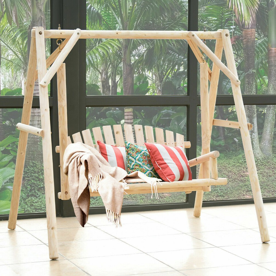 Wooden Porch Swing Outdoor Patio Rustic Torched Log Curved Back Bench A ...
