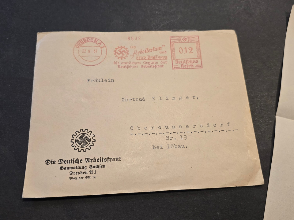 WW2 WWII German Nazi Third Reich DAF Labor Front Cover Envelope w ...