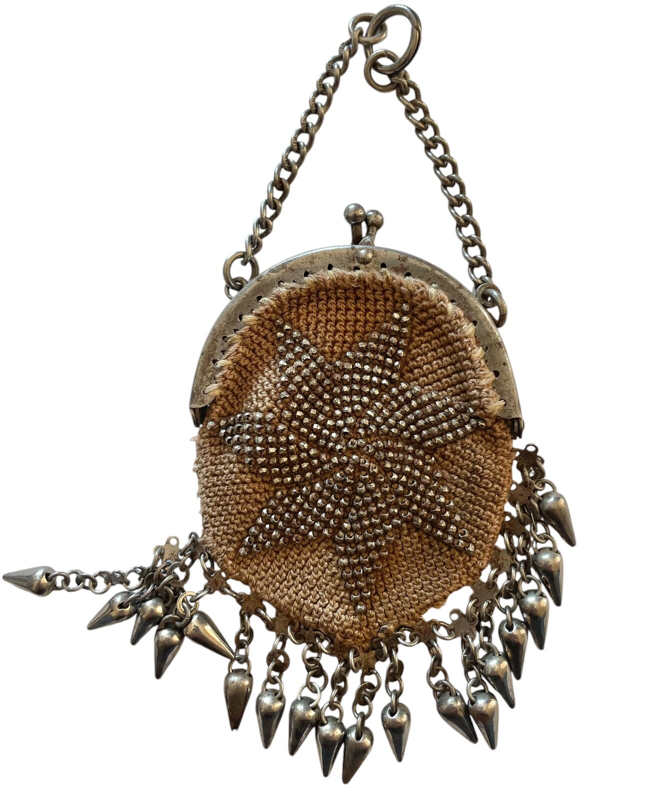 Antique Crochet Steel Micro Seed Bead Tassel Coin Pur… - Gem