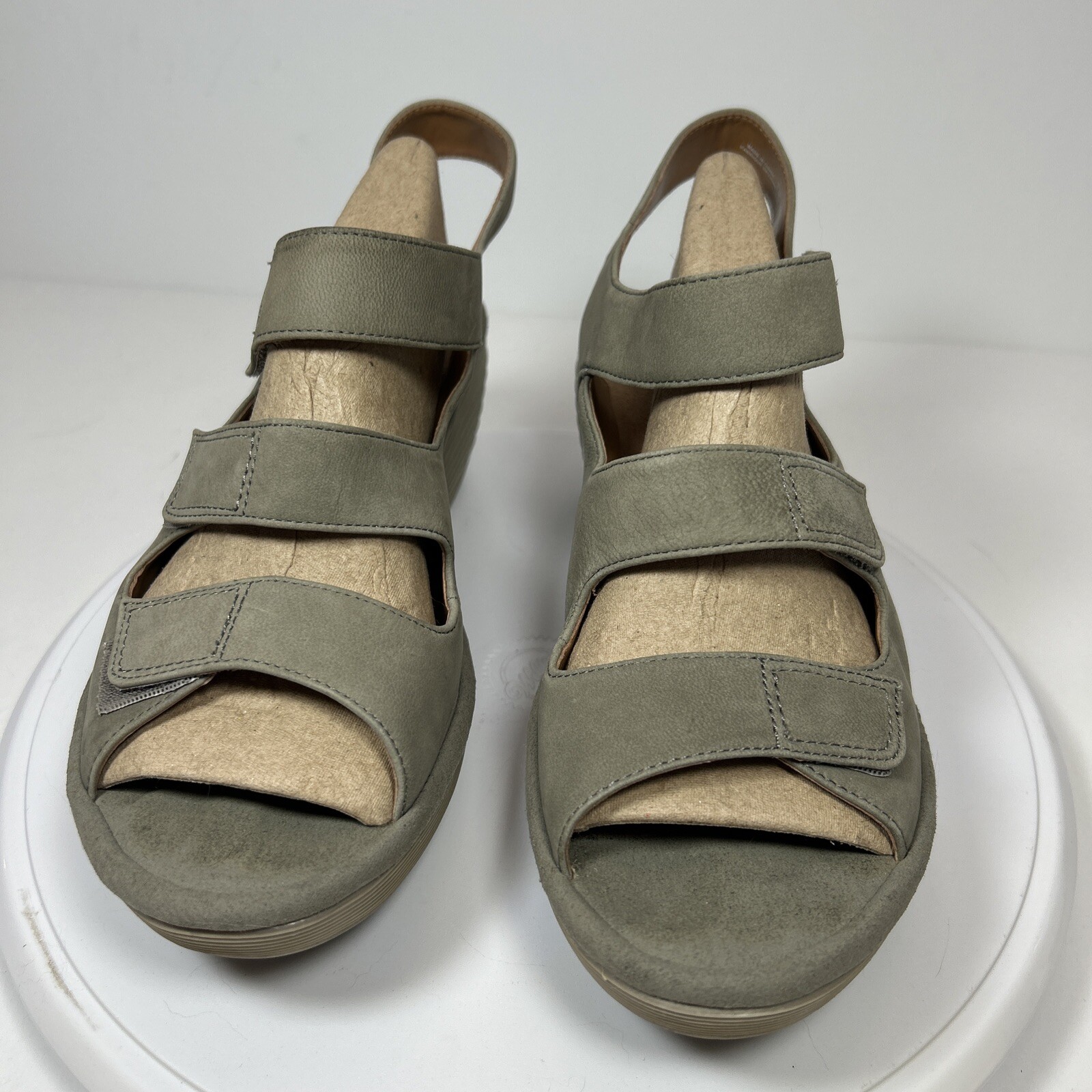 Clarks Womens Sandals Reedly Juno Leather Wedge Triple Strap Taupe Sz ...
