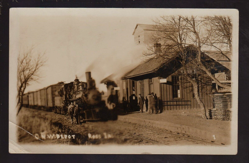 Ross IOWA RPPC c1910 DEPOT TRAIN at STATION CNW RR nr Audubon Harlan ...