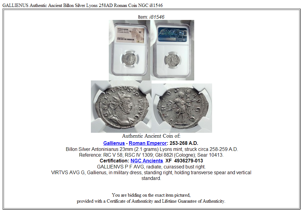 GALLIENUS Authentic Ancient Billon Silver Lyons 258AD Roman Coin NGC ...