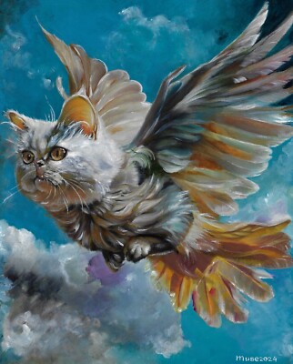 original painting 30 x 37 cm 673DO artwork acrylic flying fluffy cat | eBay