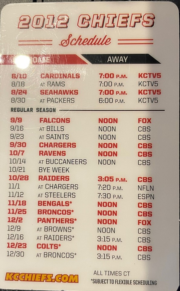 2012 Kansas City Chiefs NFL plastic pocket schedule | eBay