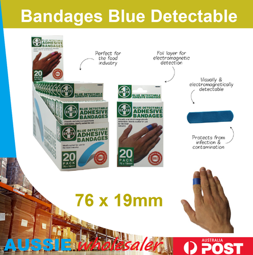 Bandages Blue Detectable76mm x 19mm 20pk Band Aids Bandage First Aid ...