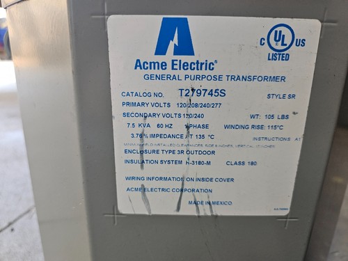 ACME ELECTRIC T279745S Single Phase Transformer 120V AC/208V AC/240V AC ...