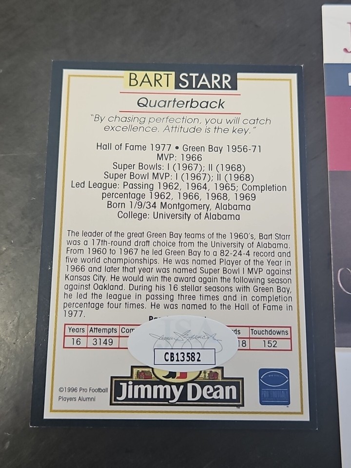 1996 Jimmy Dean All Time Greats Bart Starr Packers On Card HOF Auto JSA ...
