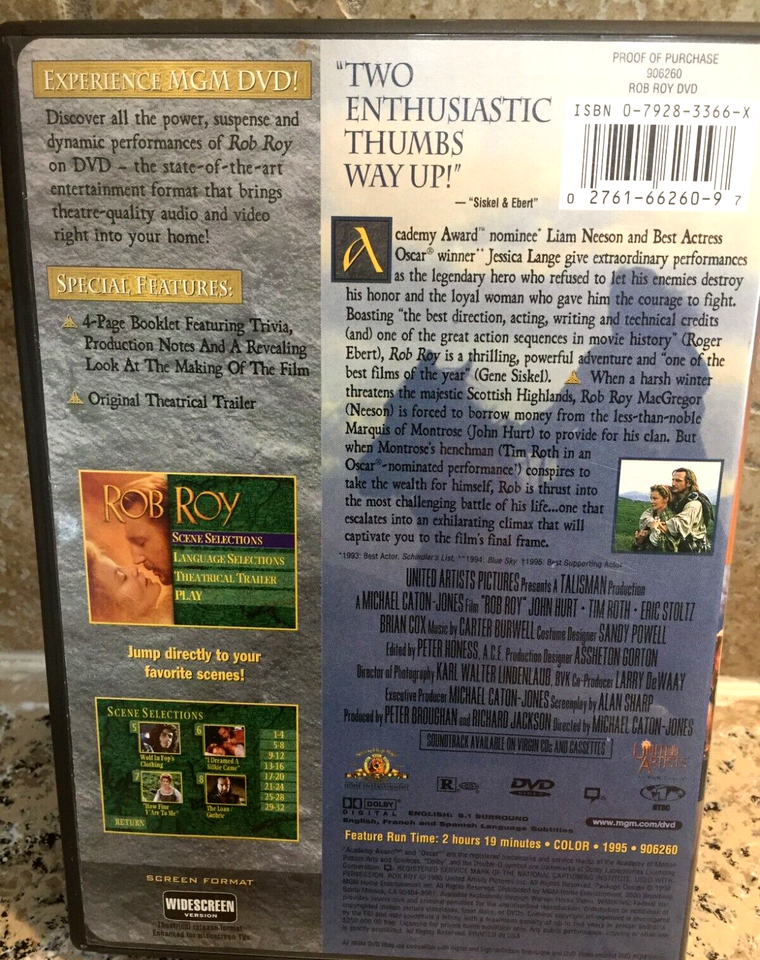 ROB ROY DVD / Liam Neeson, Jessica Lange / Ships free Same Day with ...