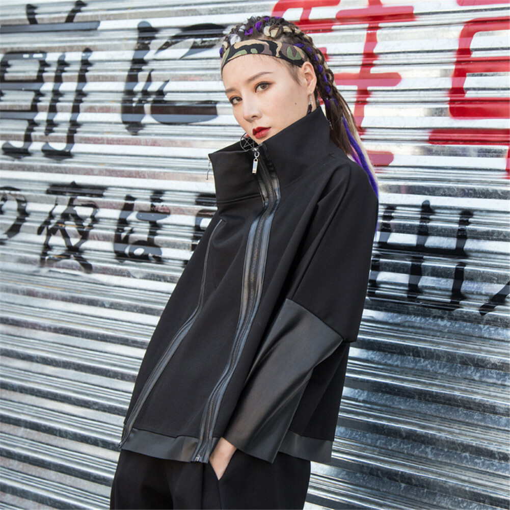 Fashion Korean Womens Leather Patchwork Jackets Vintage Turtleneck ...