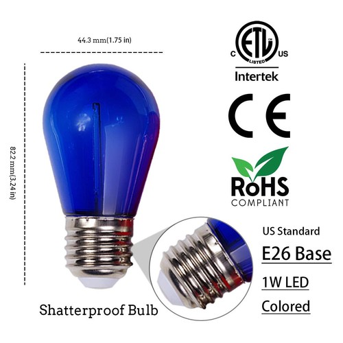 24-Pack S14 Colored LED String Light Bulbs , E26 Base 1W Plastic ...