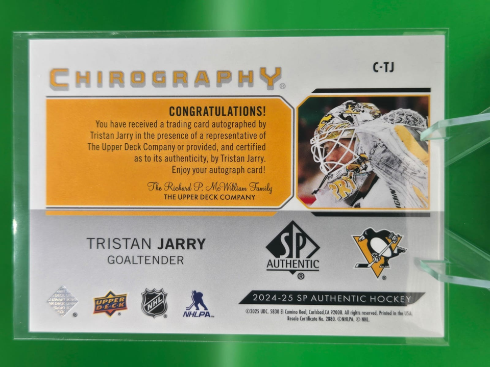 2024-25 SP Authentic Chirography Auto Tristan Jarry #C-TJ Pittsburgh ...