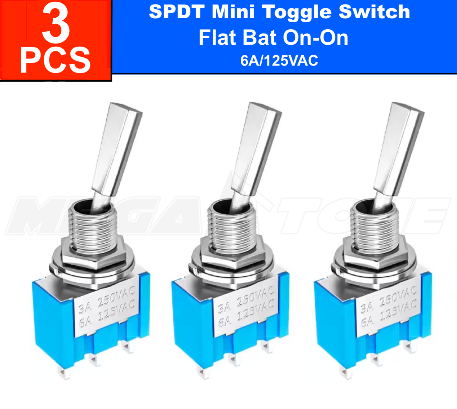 3PCS SPDT Mini Toggle Switch On/On Flat Bat Lever 6A/125VAC MTS-102 ...