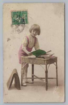 Book Reading French Girl RPPC Antique Hand Colored Photo Postcard 1923 ...