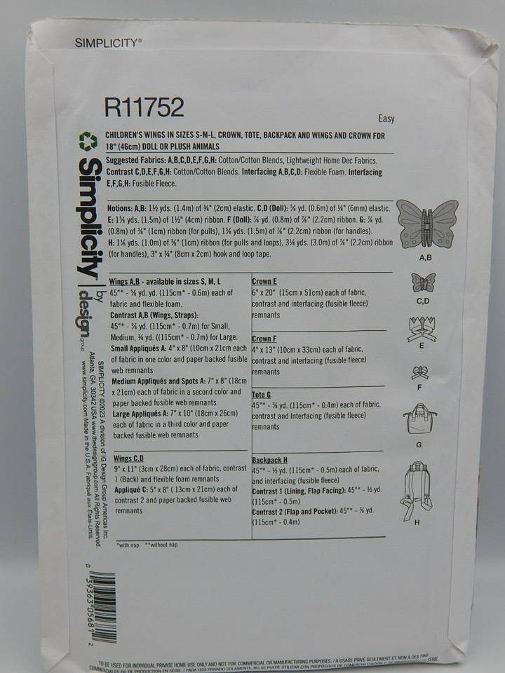 Simplicity 11752 18" Doll Children's Wings Backpack Tote Uncut 9765 ...
