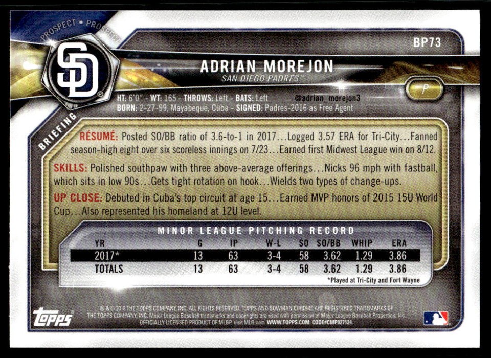 2018 Bowman BP73 Adrian Morejon San Diego Padres Baseball Card | eBay