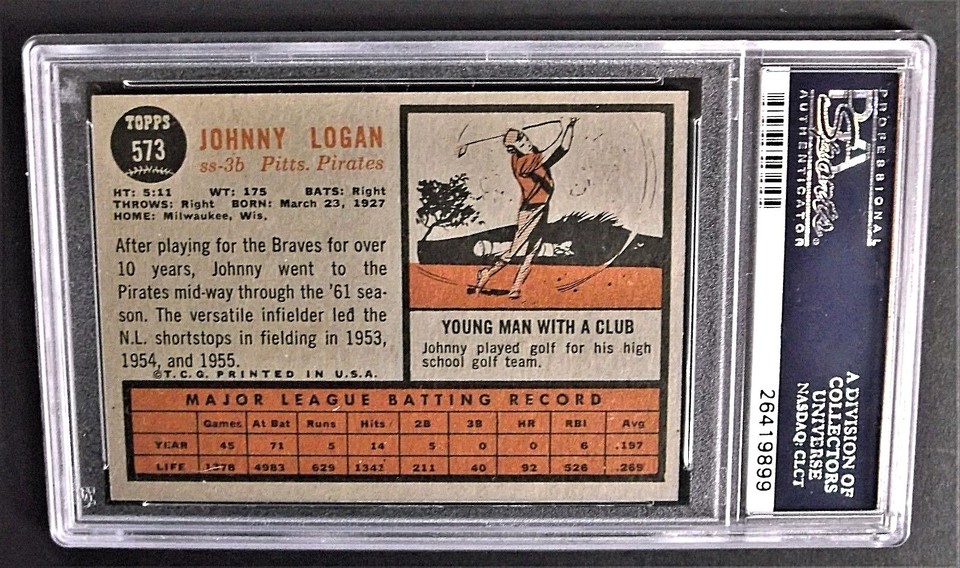 Johnny Logan Pittsburgh Pirates 1962 Topps Card #573 PSA NM 7 | eBay