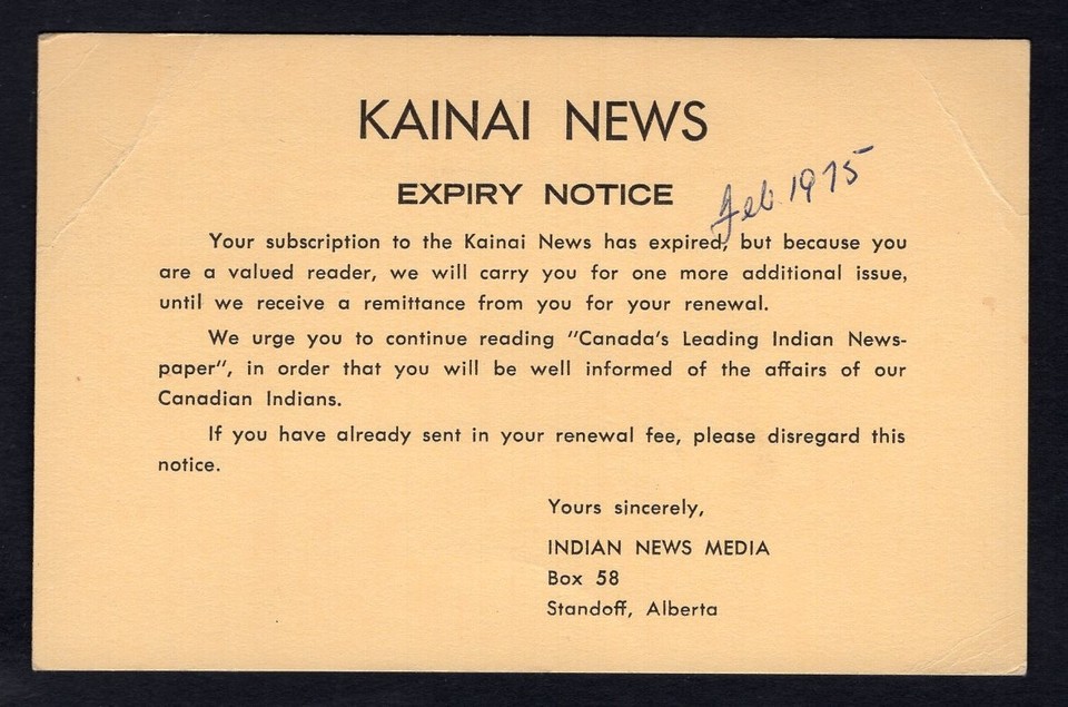 CANADA Stand Off Alberta 1976 Meter and MOON Cancels on Kainai News ...