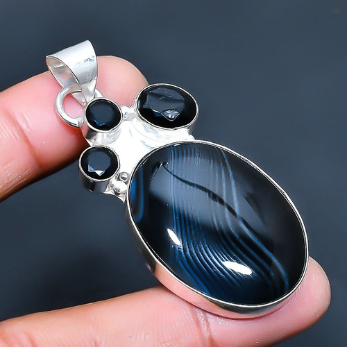 Banded Agate, Black Spinel 925 Silver Plated Jewelry Pendant 2.08" h455 ...