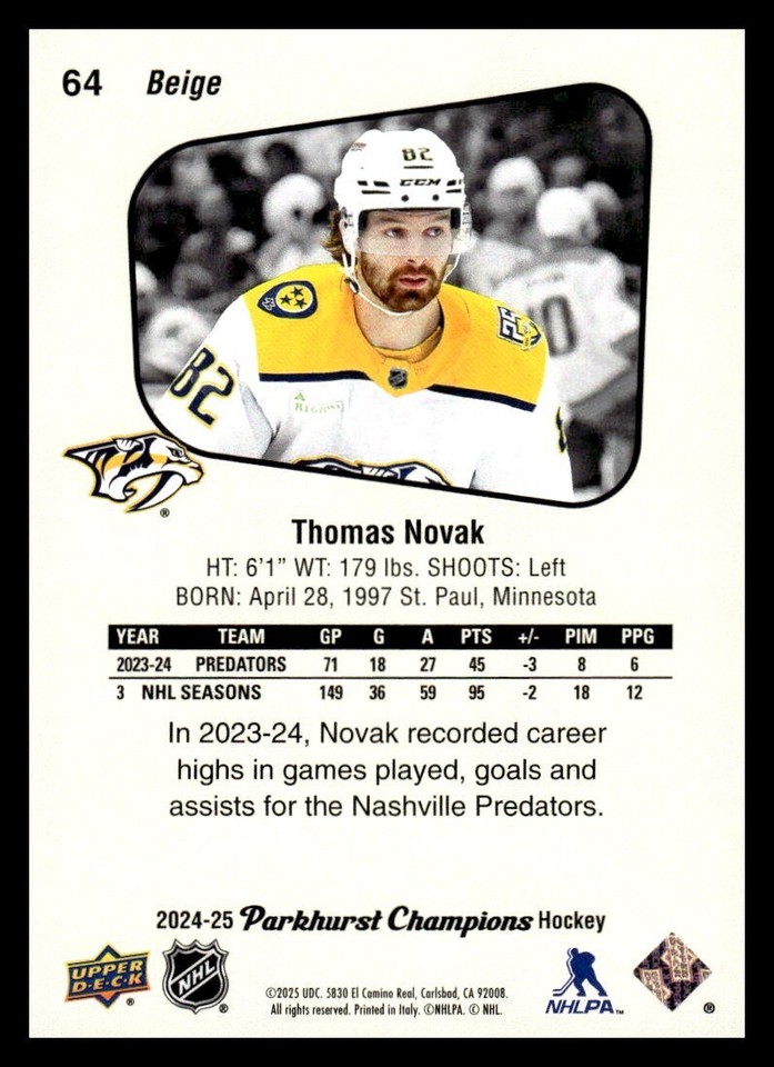 2024-25 UD Parkhurst Champions 64 Thomas Novak – Nashville Predators | eBay