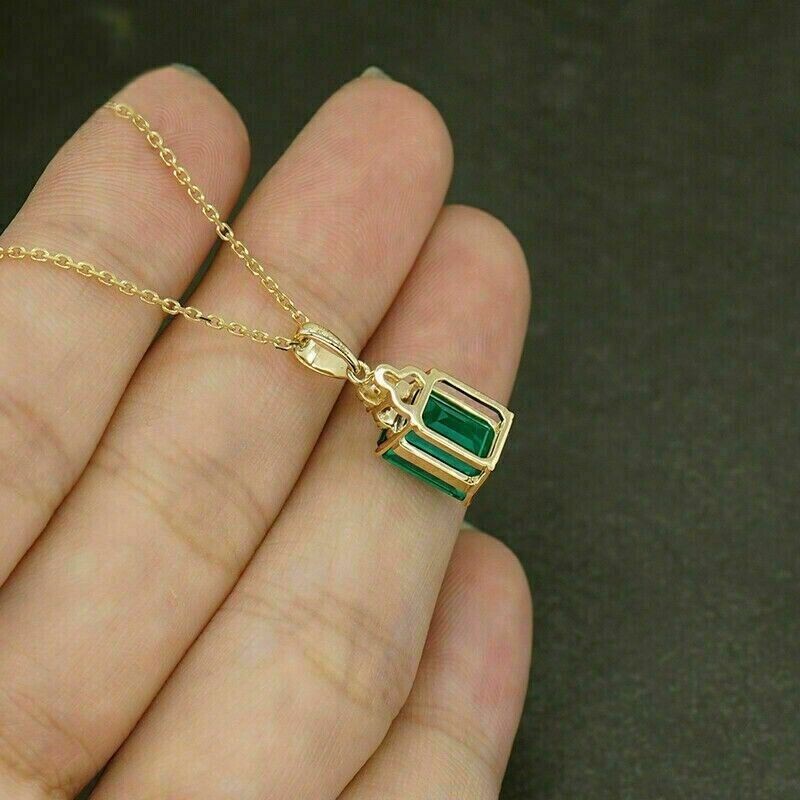 3.2Ct Emerald Lab Created Emerald Pendant 14k Yellow Gold Plated 18 ...