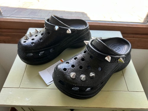 NWT Women's Black Platform Spiked Crocs 7 Glitter Goth Punk Size W7 | eBay