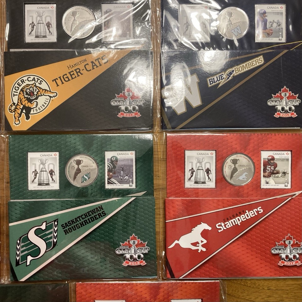 2012 CANADA CFL STAMP 25 CENT COIN FULL SET OF 8 BLUE BOMBERS RIDERS ...