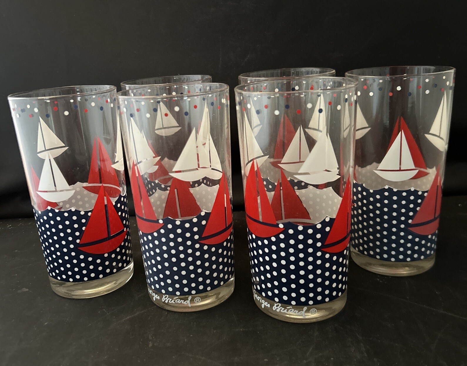 Vintage Georges Briard Nautical Sailboat Glasses Red White Blue 5 1/2 ...