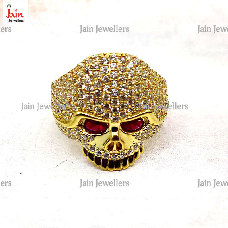 14 Kt, 18 Kt Real Gold CZ Natural Ruby Skull Men's Ring 14 Gm 8 9 10 11 ...