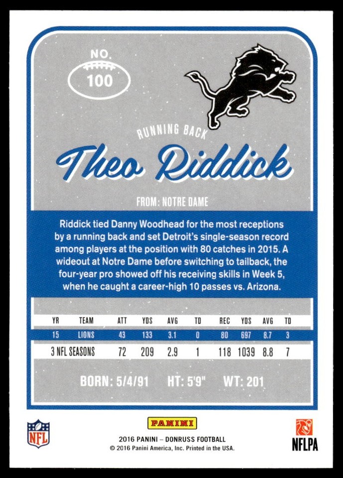 2016 Donruss #100 Theo Riddick Detroit Lions | eBay