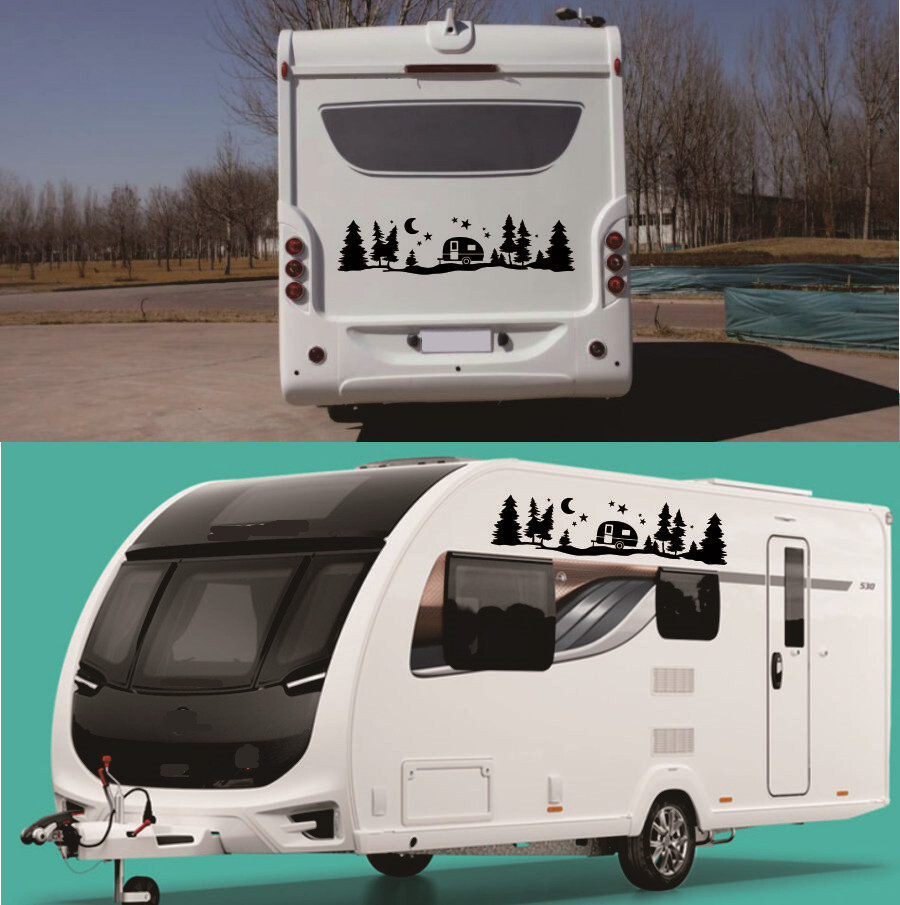 Camping RV Body Rear Door Sticker Travel Camper Star Moon Tree ...