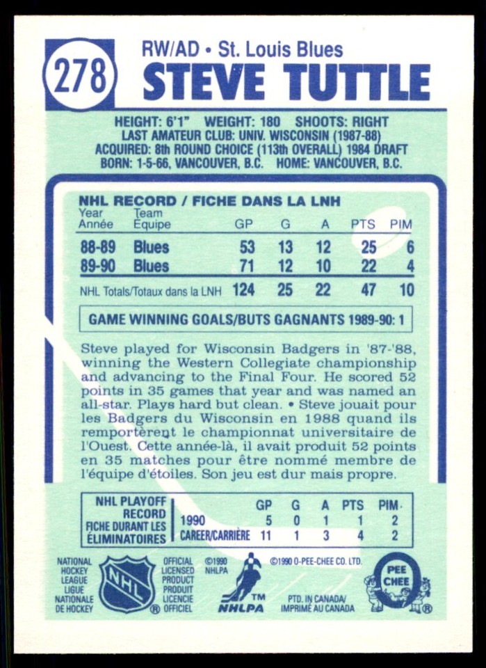 1990-91 O-Pee-Chee Steve Tuttle . St. Louis Blues #278 | eBay
