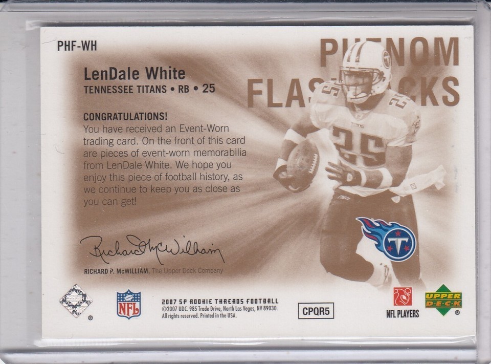 LENDALE WHITE 2007 UD SP Rookie Threads Phenom Flashbacks Jersey #PHFWH ...